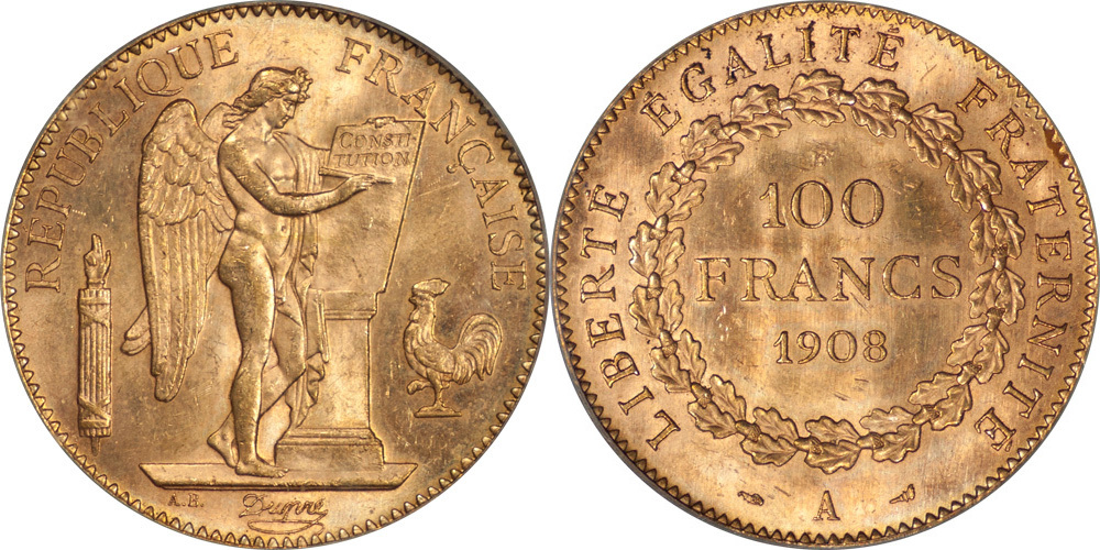 - France 1908-A Third Republic Gold 100 Francs PCGS MS-63 | MA-Shops