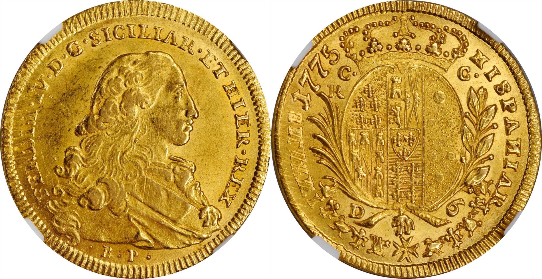 ITALY 6 DUCATS 1775 BP CC R Ferdinando IV SCARCE in high grades NGC MS ...