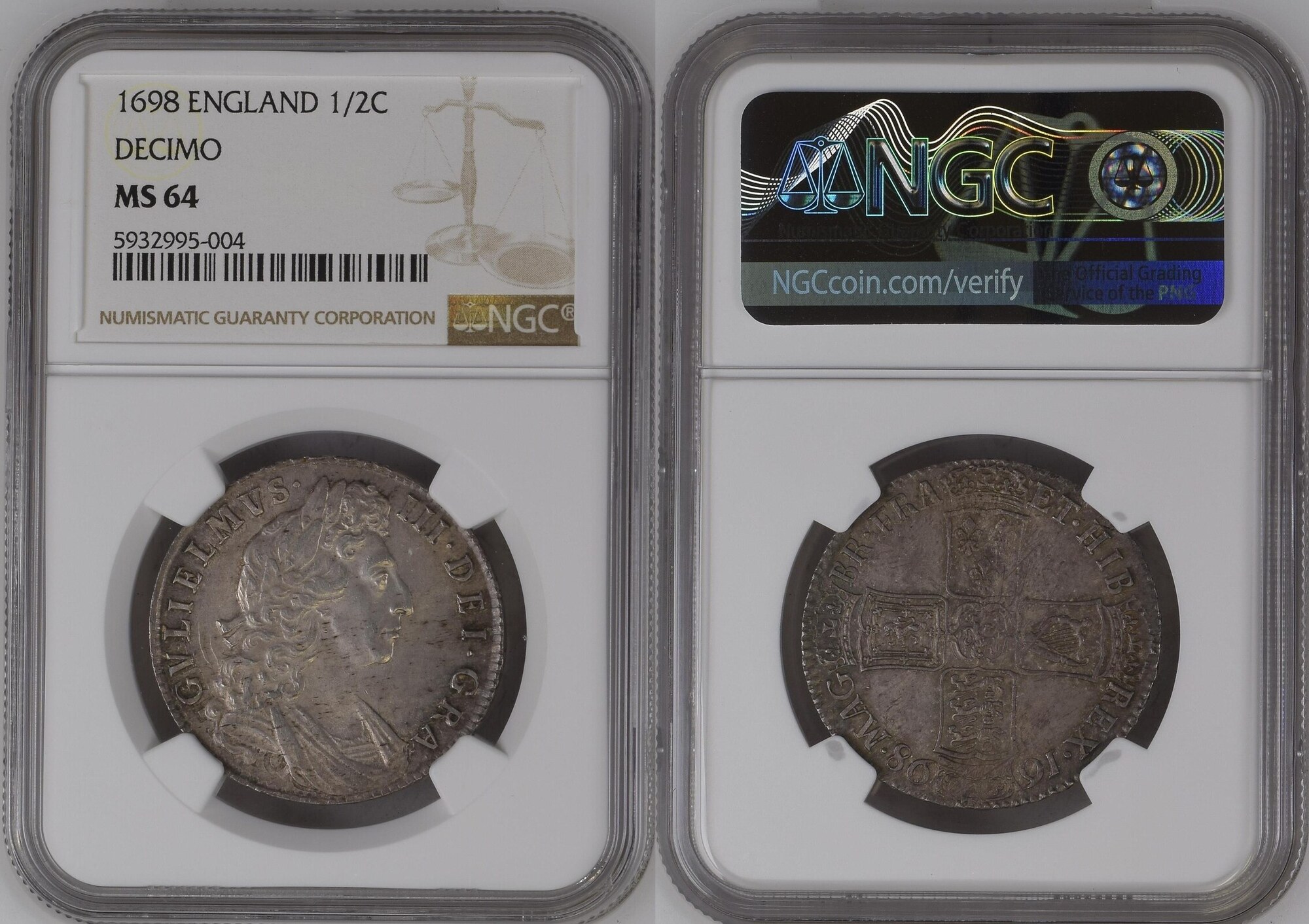 ENGLAND Great Britain 1/2C 1698 William III Decimo Half Crown NGC MS 64 ...