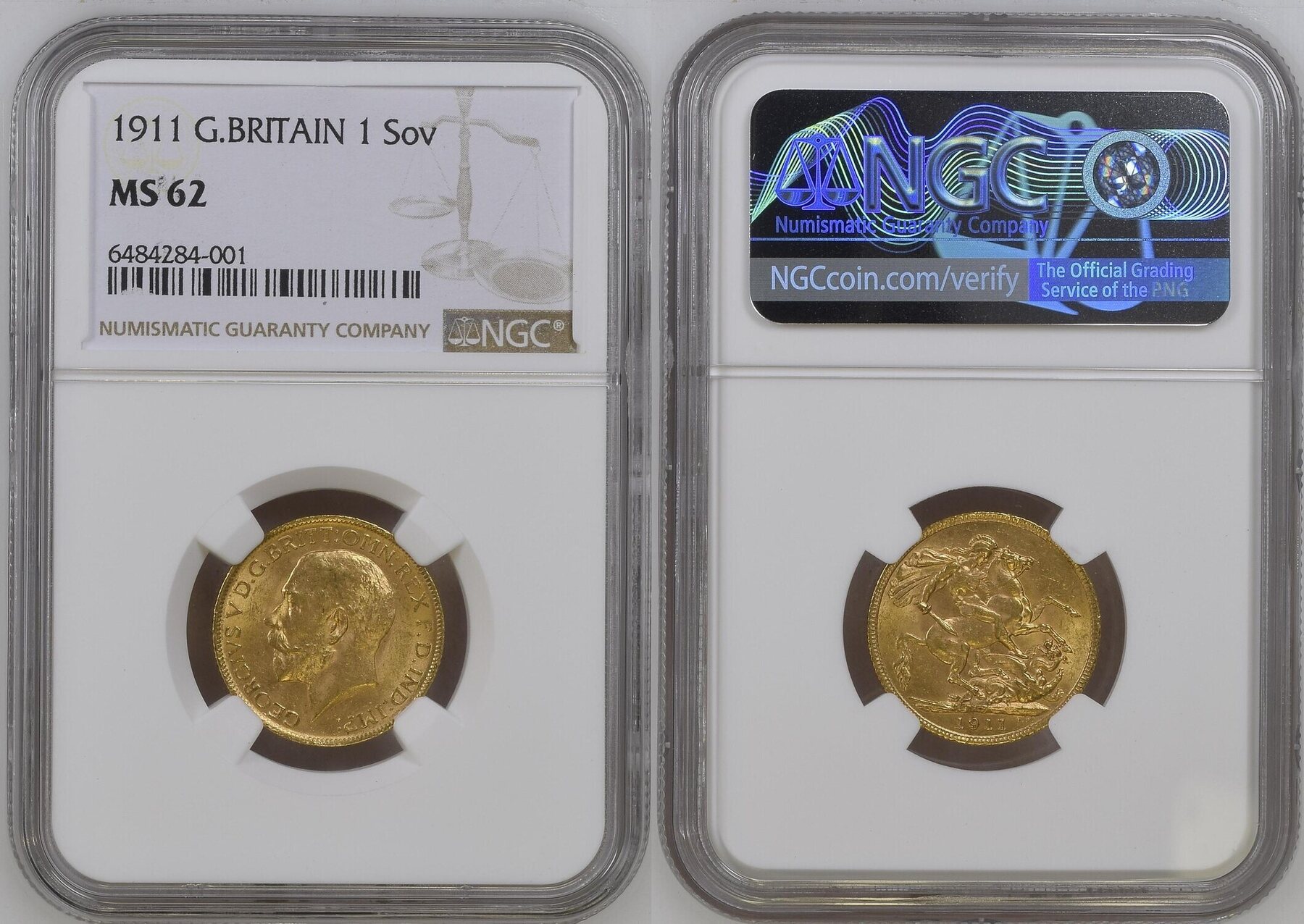 G.BRITAIN 1SOV George V full sovereign 1911 GOLD NGC MS 62 | MA-Shops