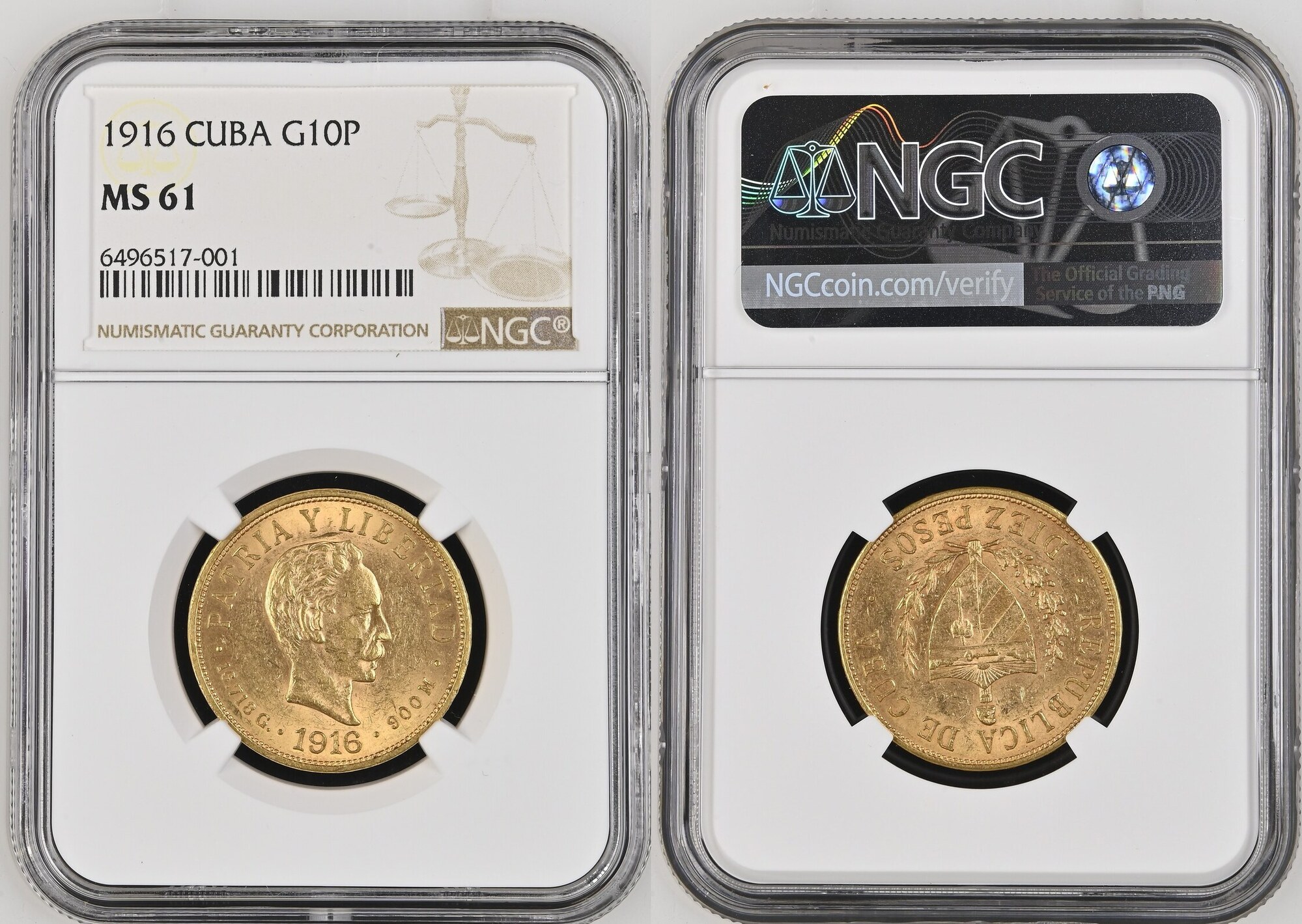 Cuba GOLD 10 pesos 1916 NGC MS 61 | MA-Shops