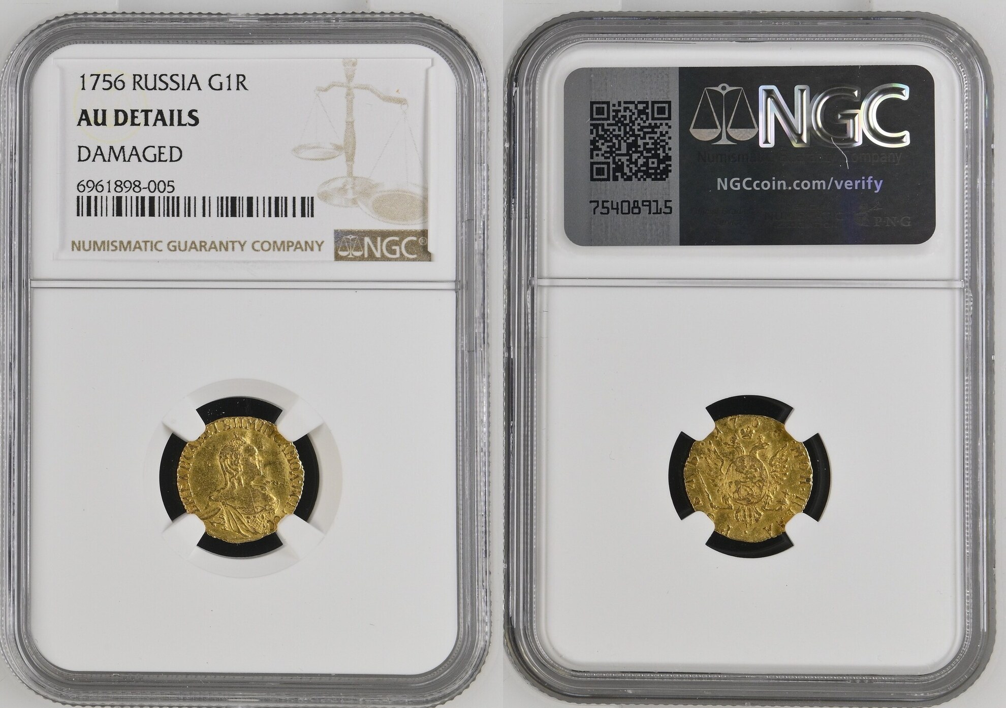 RUSSIA G1R Elizabeth I Petrovna GOLD ROUBLE 1756 NGC AU Details | MA-Shops