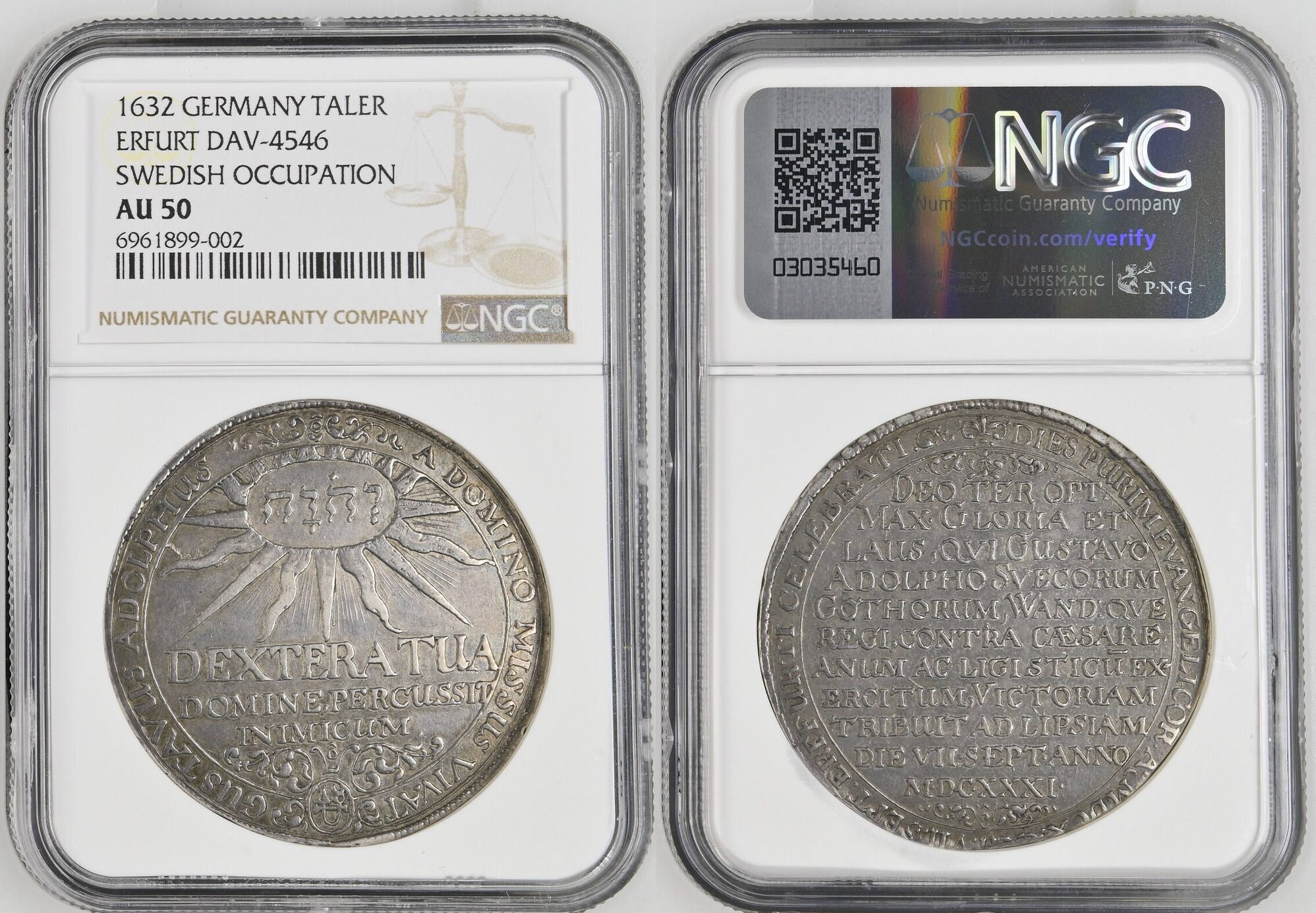 GERMANY ERFURT SWEDEN 1632 Gustav II Adolf (1631-1632). "Purim" Reichstaler. SCARCE. NGC AU 50 ...