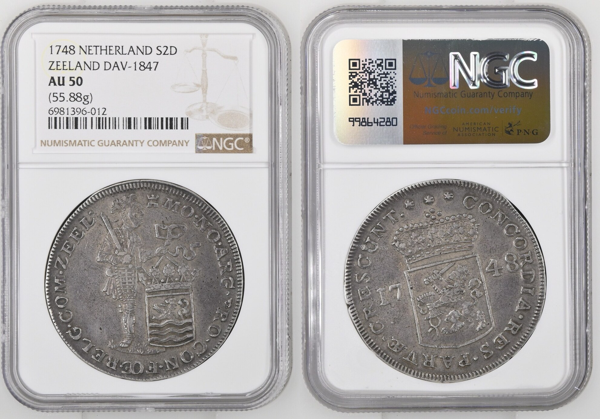 NETHERLANDS ZEELAND Silver 2 Ducats 1748 PIEFORT NGC AU 50 | MA-Shops