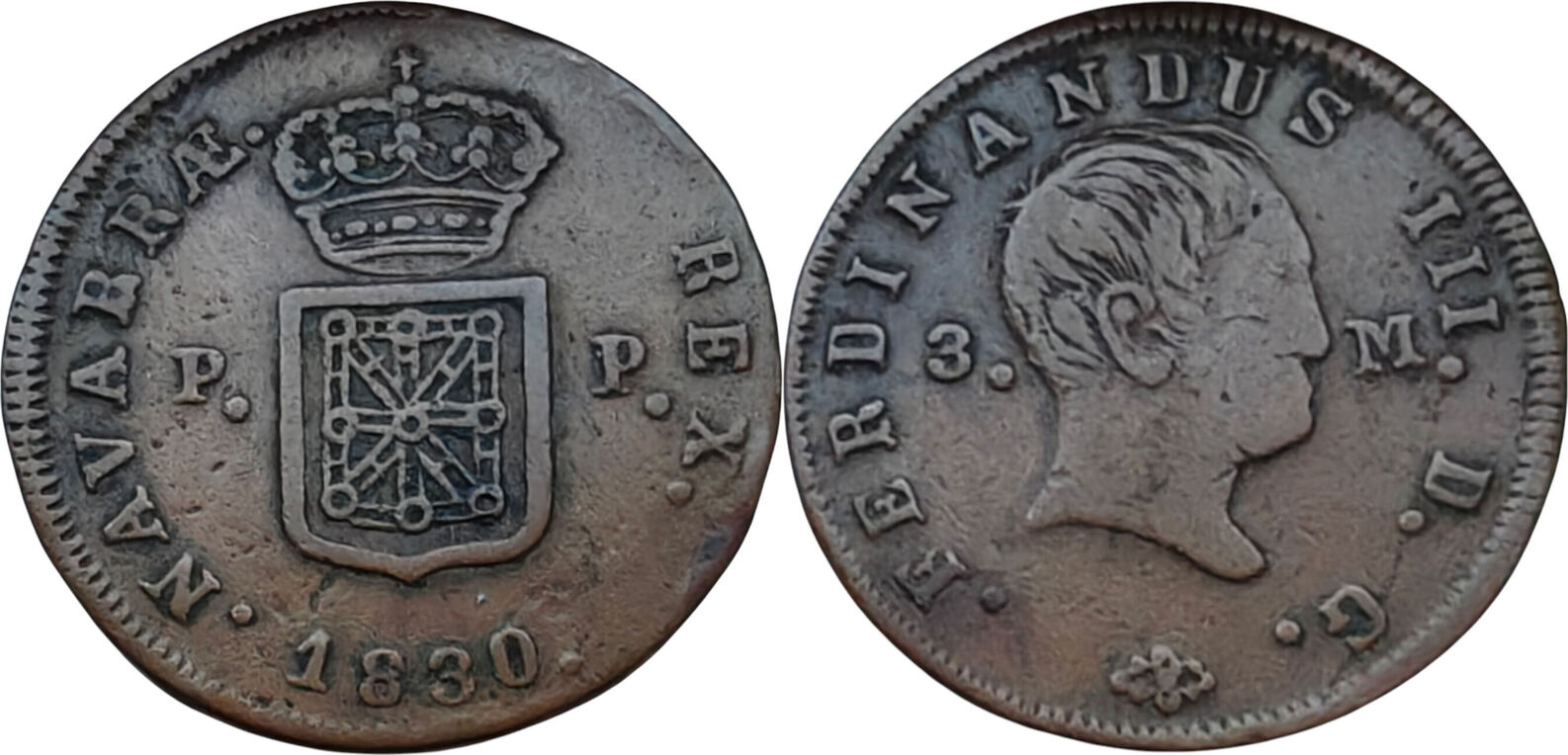 Kingdom of Navarre 3 maravedis 1830 P P Fernandus III VF-gVF | MA-Shops