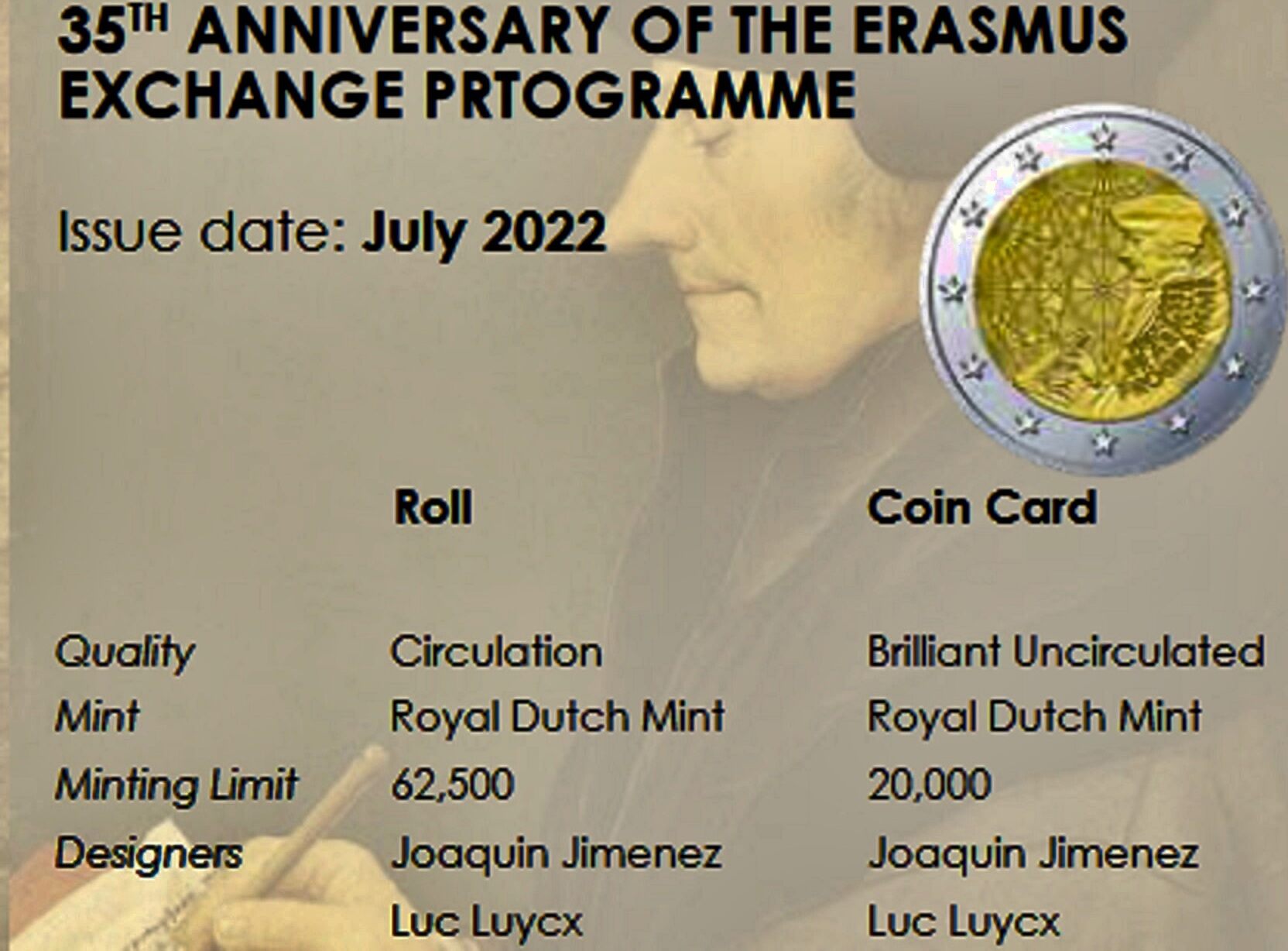 Malta 50€ 2022 35 Jahre Erasmus-Programm - Auflage nur 2500 Rollen CH UNC | MA-Shops