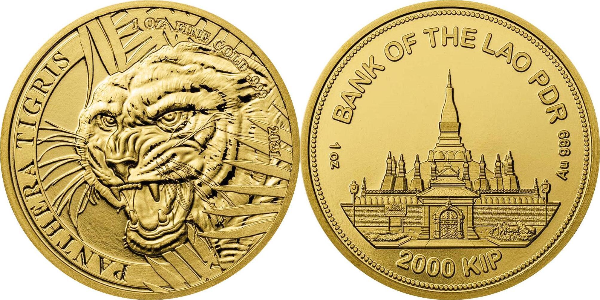 Laos 2000 KIP 2021 1 oz Gold Coin Panthera Tigris - Tiger BU | MA-Shops