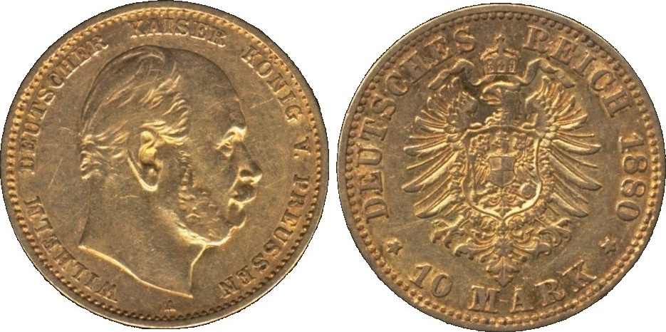 Preussen 10 Mark 1880 Gold Coin A Wilhelm I. | MA-Shops