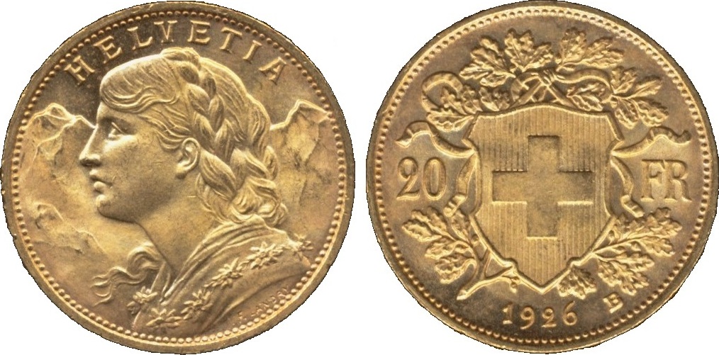 Schweiz 20 Franken 1926 Gold Coin Vreneli - rare year | MA-Shops