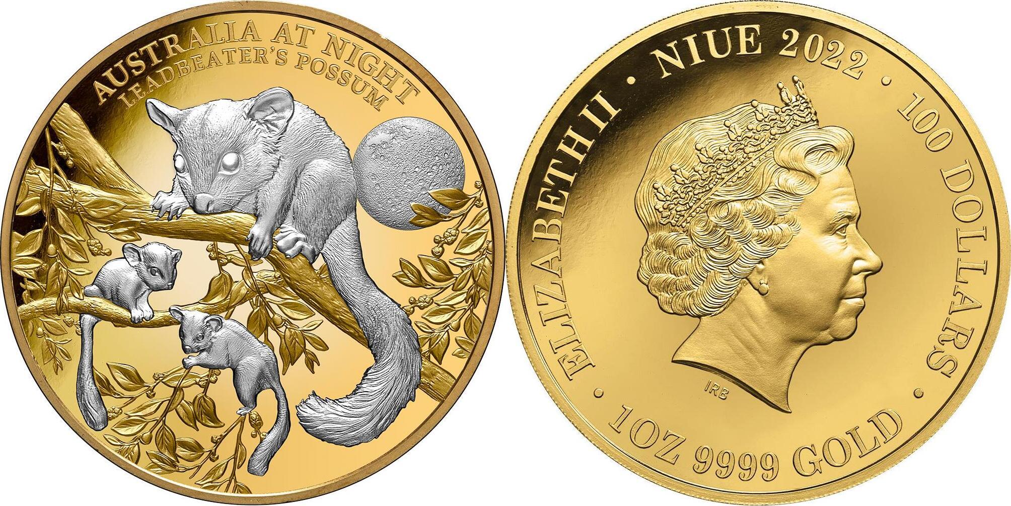 Niue 100$ 2022 1 oz Gold Coin Australia at Night - Leadbeater's Possum PP | MA-Shops