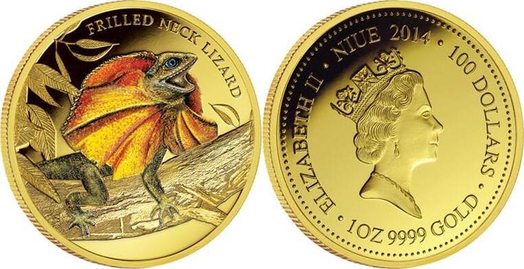Niue 100$ 2014 1 oz Gold Coin Reptiles - Frilled Neck Lizard PP | MA-Shops