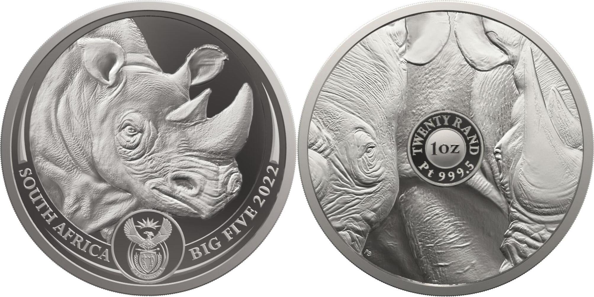 Südafrika 20 Rand 2022 1 oz Platinum Coin Big Five Series II - Rhino PP ...