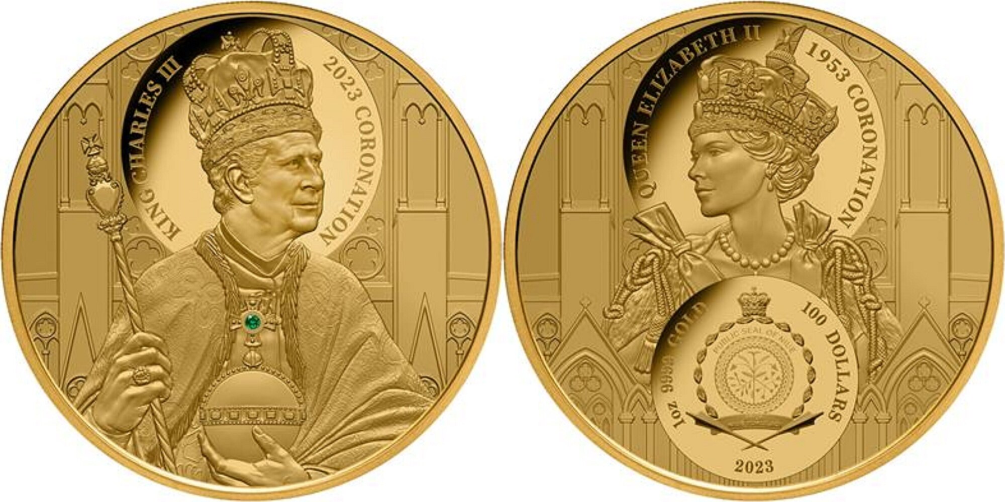 Niue 100$ 2023 1 oz Gold Coin Coronation King Charles III - with Emerald PP | MA-Shops