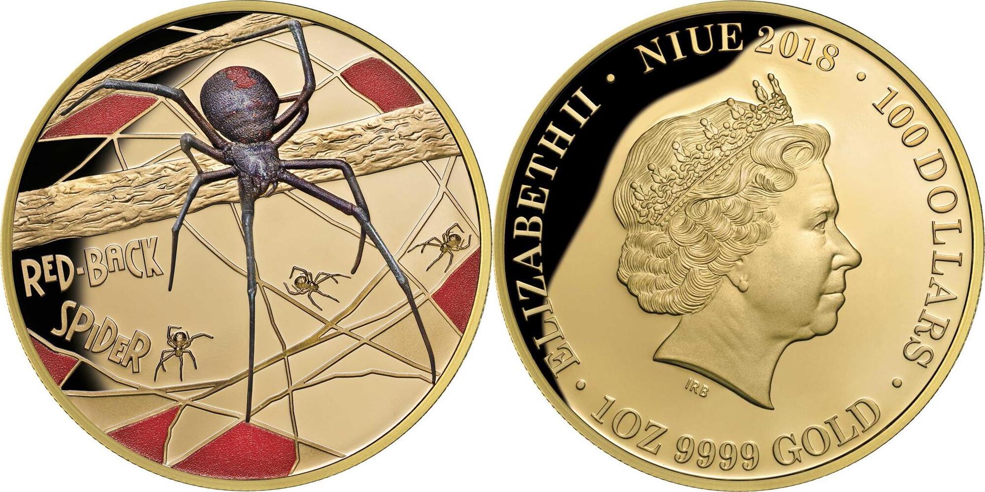 Niue 100$ 2018 1 oz Gold Coin Deadly & Dangerous - Red-Back Spider Proof | MA-Shops