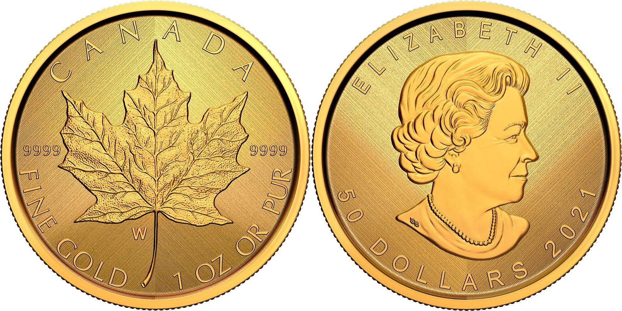 Kanada 50$ 2021 1 oz Gold Coin Maple Leaf - Mintmark W BU | MA-Shops