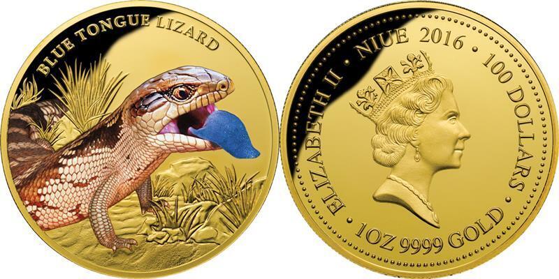 Niue 100$ 2016 1 oz Gold Coin Reptiles - Blue Tongue Lizard PP | MA-Shops