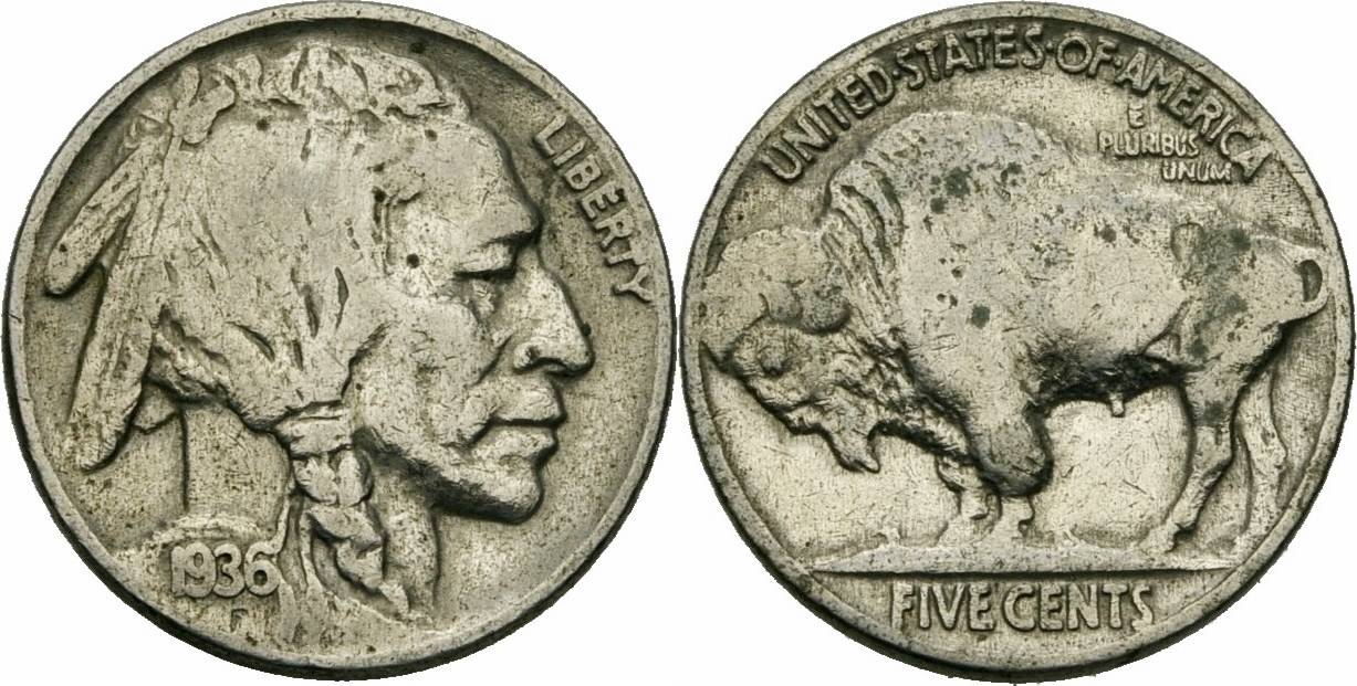 5 Cents USA Buffalo Nickel Five Cents 1936 Indian Head American Bison